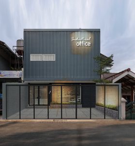 Desain Kantor Kecil dengan Fasad Hitam Industrial: Ruang Kerja yang ...